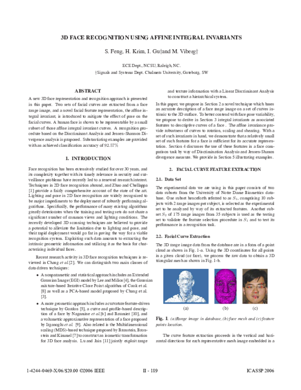 (PDF) 3D Face Recognition Using Affine Integral Invariants