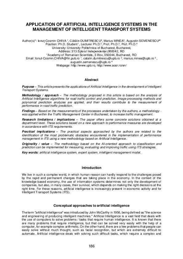 Pdf Application Of Artificial Intelligence Systems In The Management Of Intelligent Transport