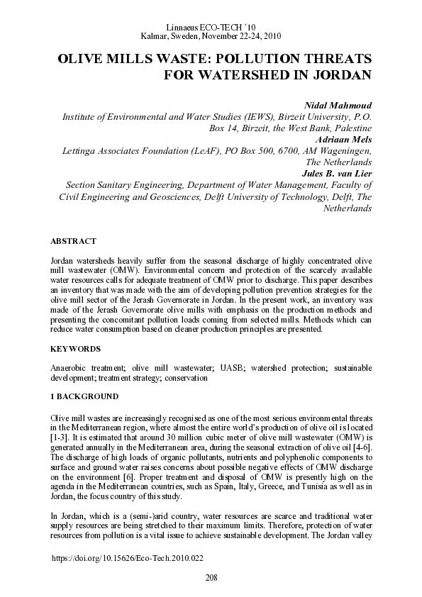 (PDF) Olive Mills Waste: Pollution Threats for Watershed in Jordan
