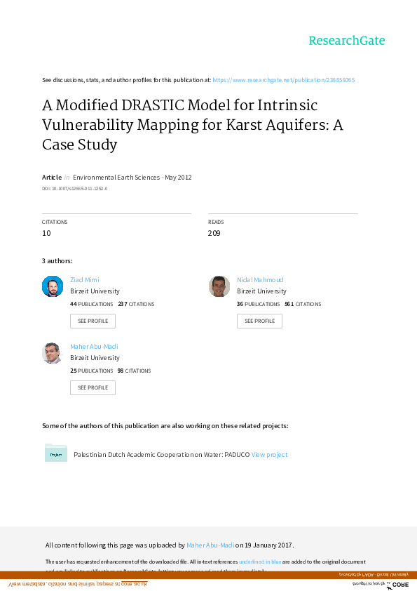 (PDF) A Modified DRASTIC Model for Intrinsic Vulnerability Mapping for Karst Aquifers: A Case Study