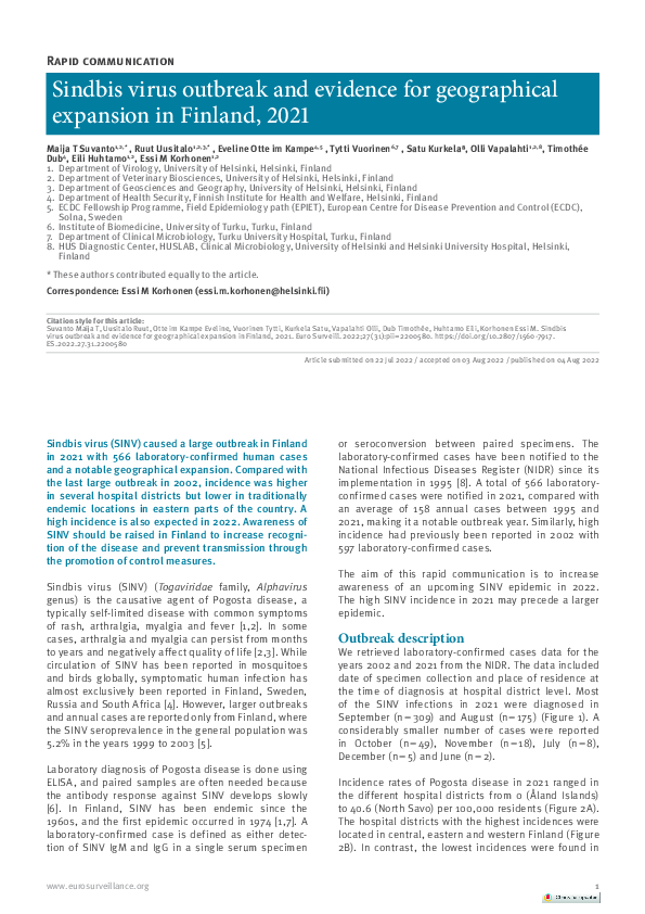 (PDF) Sindbis virus outbreak and evidence for geographical expansion in ...