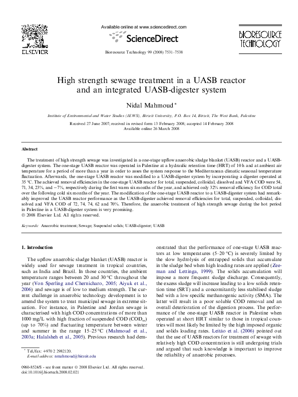 (PDF) High strength sewage treatment in a UASB reactor and an ...
