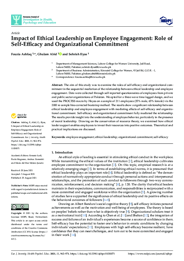 (PDF) Impact of Ethical Leadership on Employee Engagement: Role of Self-Efficacy and ...
