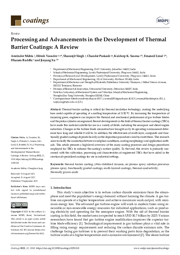 (PDF) Processing and Advancements in the Development of Thermal Barrier Coatings: A Review