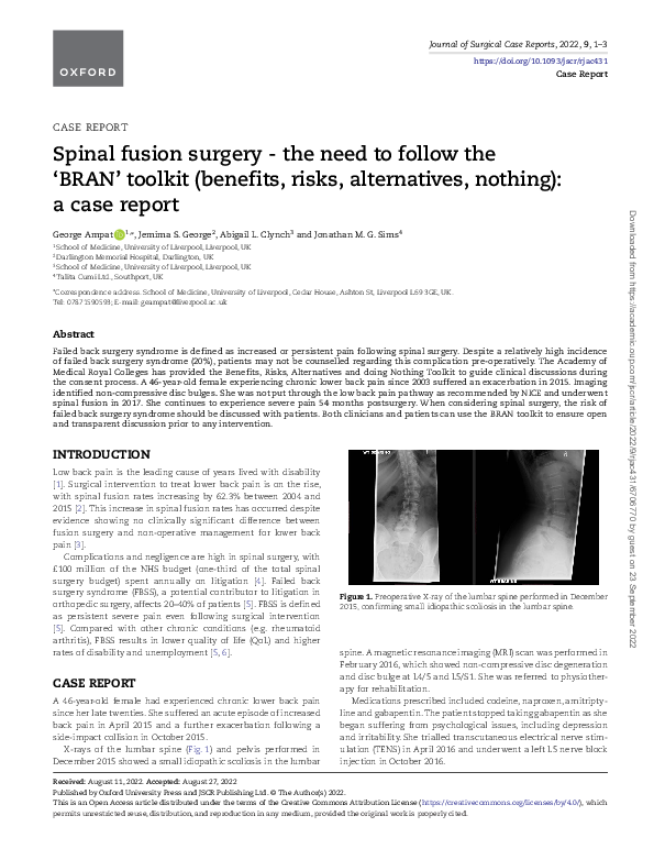 (PDF) Spinal fusion surgery - the need to follow the ‘BRAN’ toolkit ...