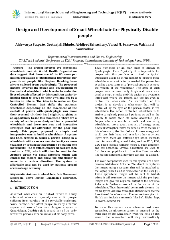 (PDF) Design and Development of Smart Wheelchair for Physically Disable ...