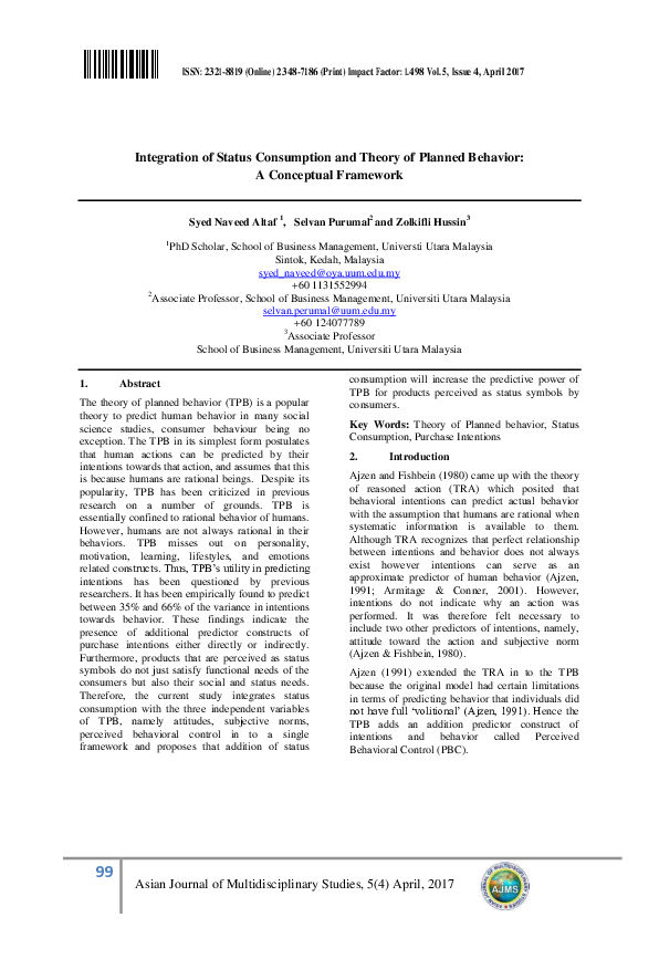 (PDF) Integration of Status Consumption and Theory of Planned Behavior ...
