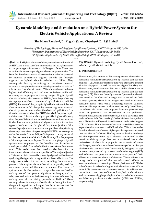 Pdf Dynamic Modeling And Simulation On A Hybrid Power System For Electric Vehicle Applications