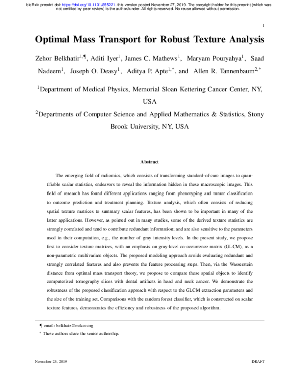 (PDF) Optimal Mass Transport for Robust Texture Analysis | Saad Nadeem ...