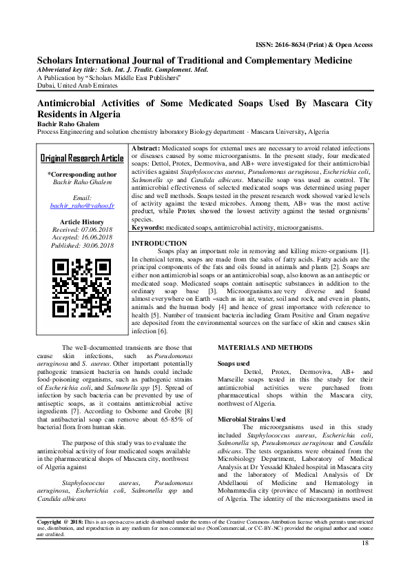 (PDF) Antimicrobial Activities of Some Medicated Soaps Used By Mascara City Residents in Algeria ...