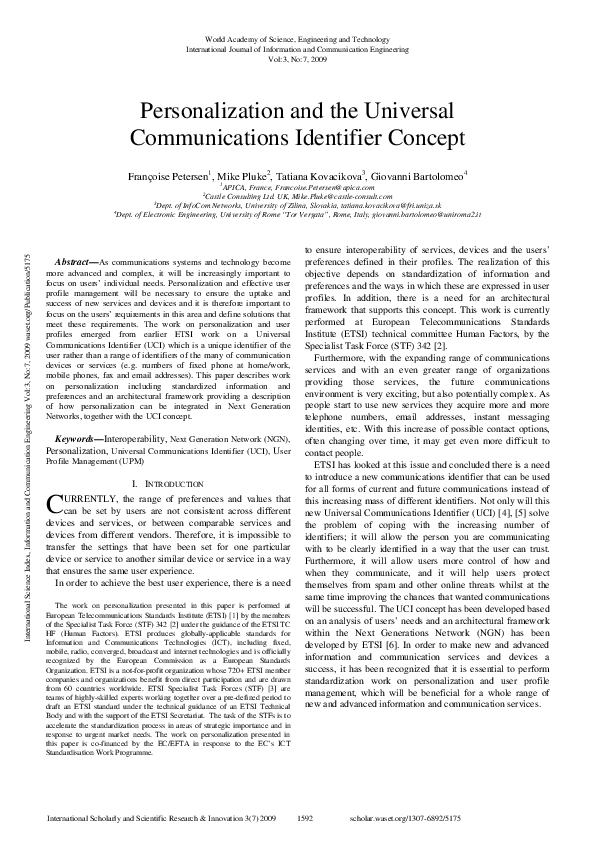 (PDF) Personalization And The Universal Communications Identifier Concept