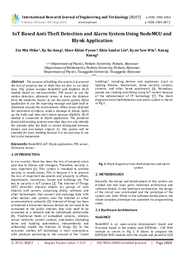 Pdf Iot Based Anti Theft Detection And Alarm System Using Nodemcu And