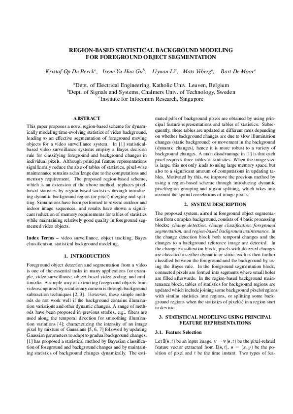 Pdf Region Based Statistical Background Modeling For Foreground Object Segmentation Irene Yu 