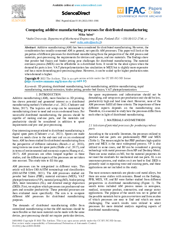 (PDF) Comparing additive manufacturing processes for distributed manufacturing
