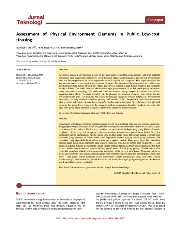 (PDF) Assessment of Physical Environment Elements in Public low-cost ...