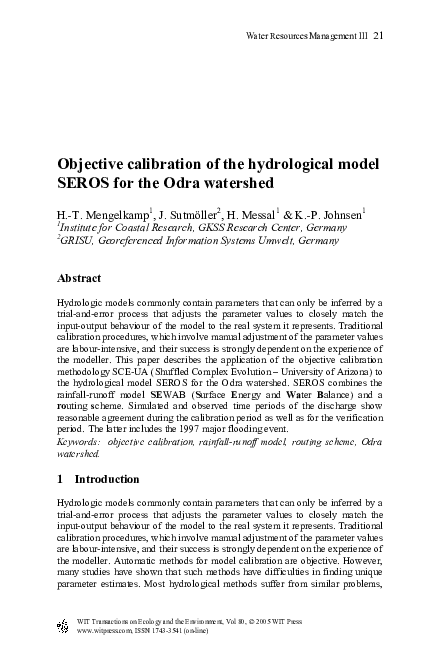 (PDF) Objective Calibration Of The Hydrological ModelSEROS For The Odra ...