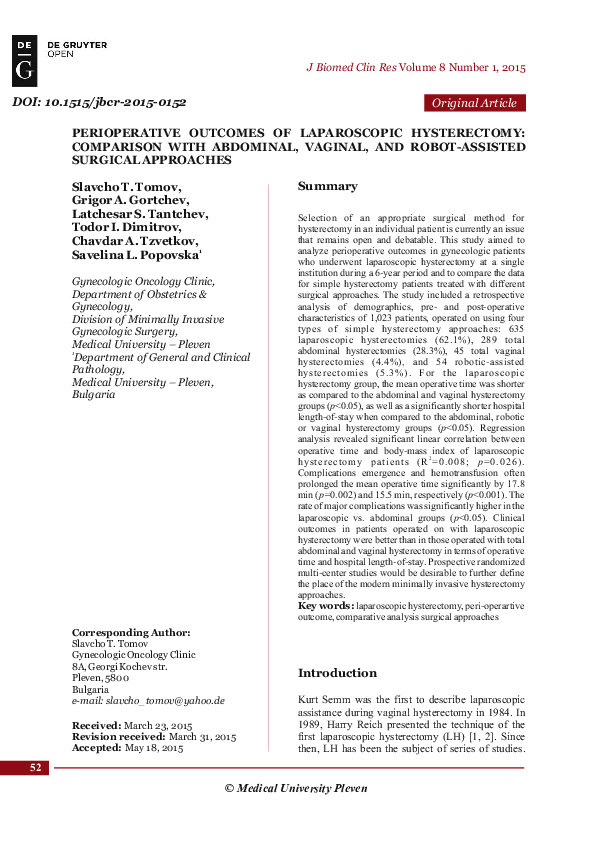 (PDF) Perioperative Outcomes Of Laparoscopic Hysterectomy: Comparison With Abdominal, Vaginal ...