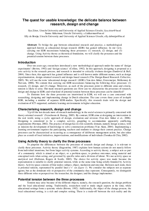 (PDF) The Quest for Usable Knowledge: the Delicate Balance Between Research, Design and Change