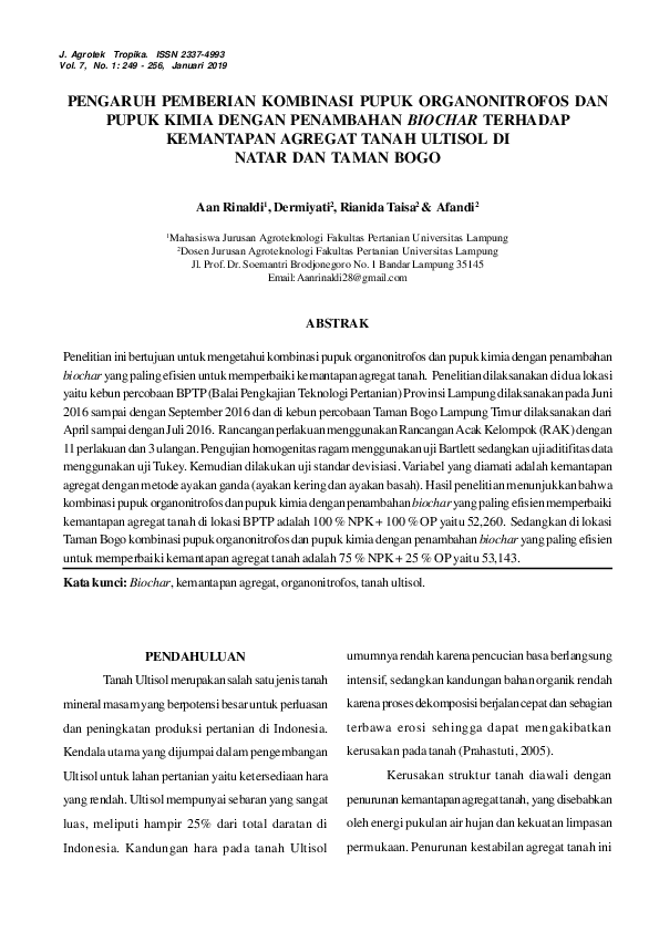 (PDF) Pengaruh Pemberian Kombinasi Pupuk Organonitrofos Dan Pupuk Kimia Dengan Penambahan ...