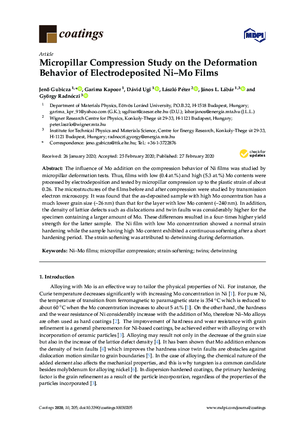 (PDF) Micropillar Compression Study on the Deformation Behavior of Electrodeposited Ni–Mo Films ...