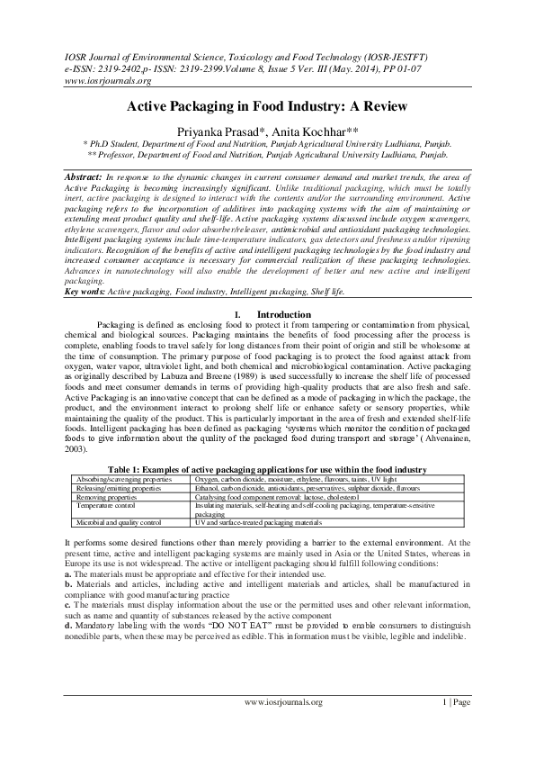 (PDF) Active Packaging in Food Industry: A Review