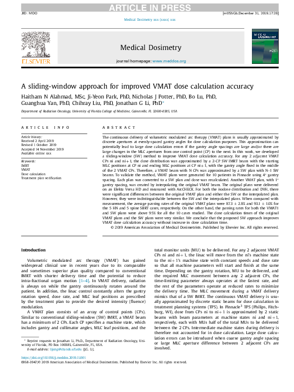 Pdf A Sliding Window Approach For Improved Vmat Dose Calculation Accuracy
