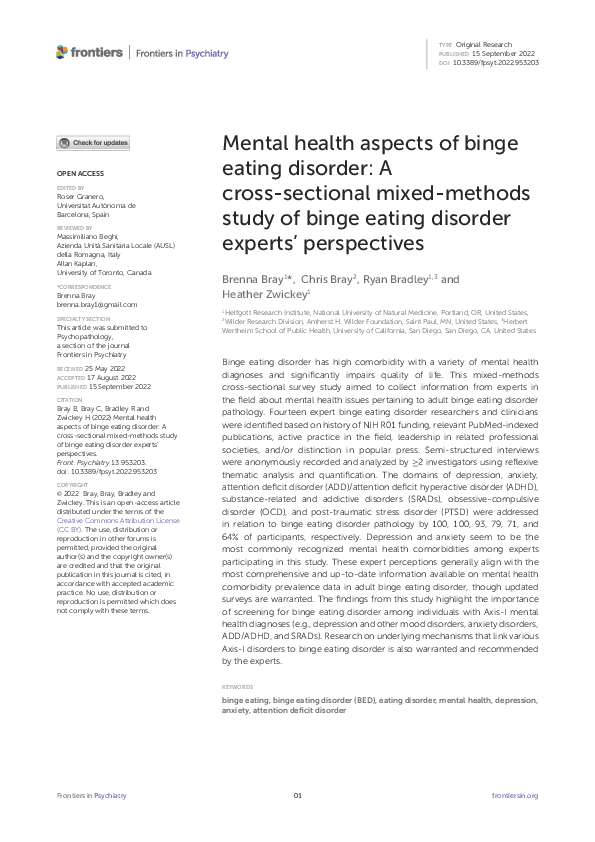 (PDF) Mental health aspects of binge eating disorder: A cross-sectional ...