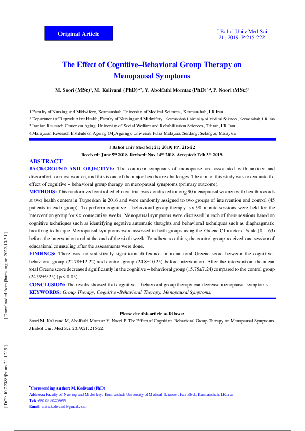 (PDF) The Effect of Cognitive-Behavioral Group Therapy on Menopausal Symptoms