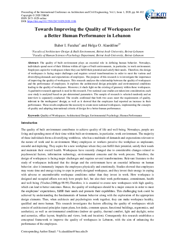 (PDF) Towards Improving the Quality of Workspaces for a Better Human ...