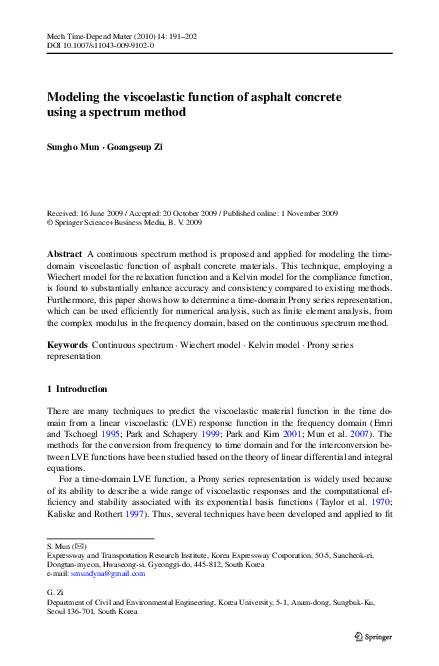 (PDF) Modeling the viscoelastic function of asphalt concrete using a spectrum method