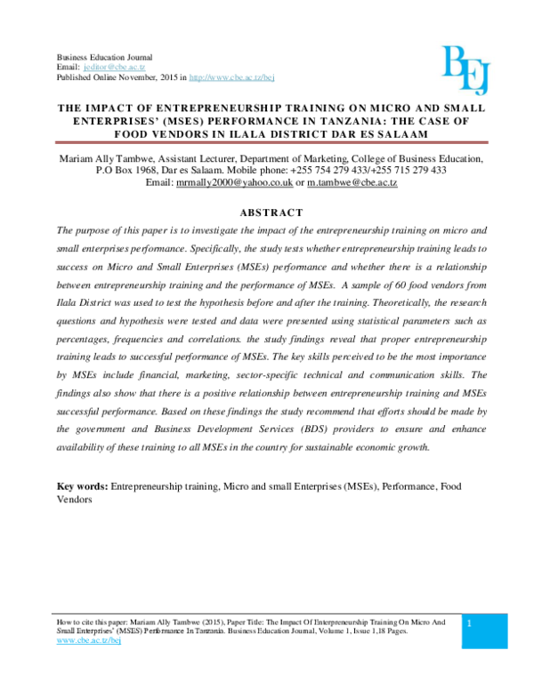 (PDF) The Impact of Entrepreneurship Training on Micro and Small Enterprises’ (MSES) Performance ...
