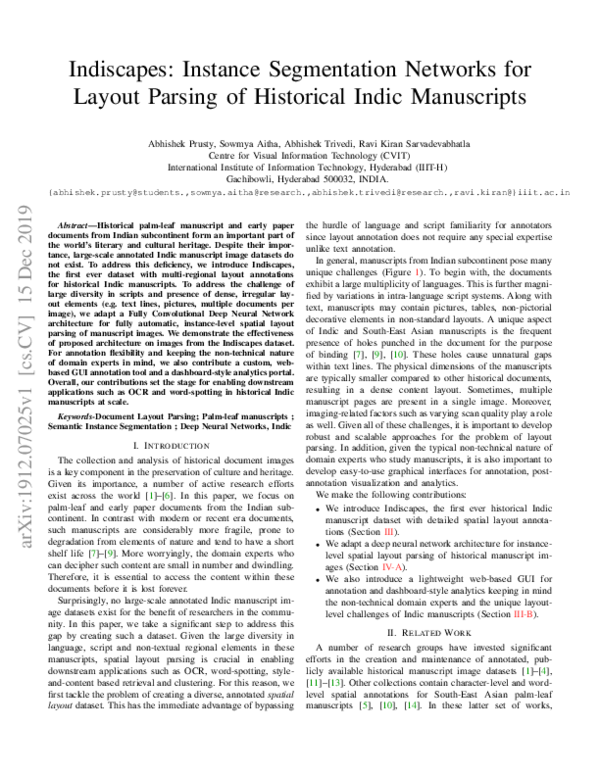 (PDF) Indiscapes: Instance Segmentation Networks for Layout Parsing of Historical Indic Manuscripts