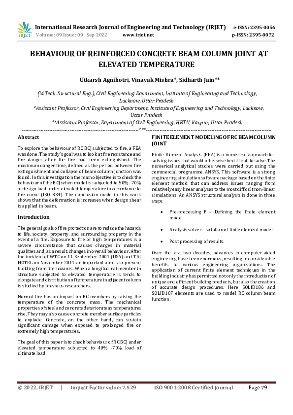 Pdf Behaviour Of Reinforced Concrete Beam Column Joint At Elevated Temperature