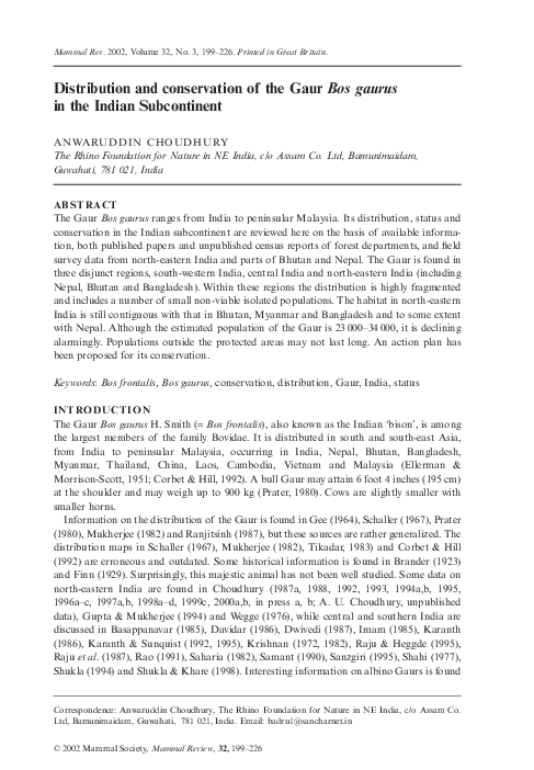 (PDF) Distribution and conservation of the Gaur Bos gaurus in the ...