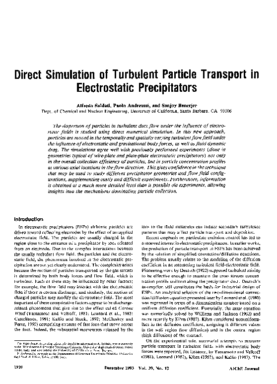 (PDF) Direct simulation of turbulent particle transport in electrostatic precipitators