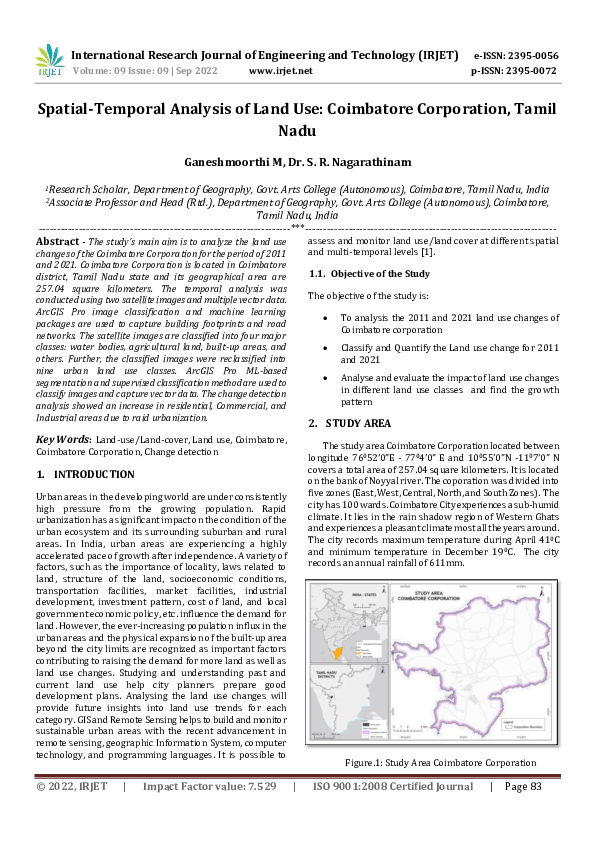 (PDF) Spatial-Temporal Analysis of Land Use: Coimbatore Corporation, Tamil Nadu