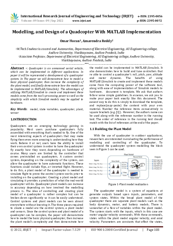 Pdf Modelling And Design Of A Quadcopter With Matlab Implementation