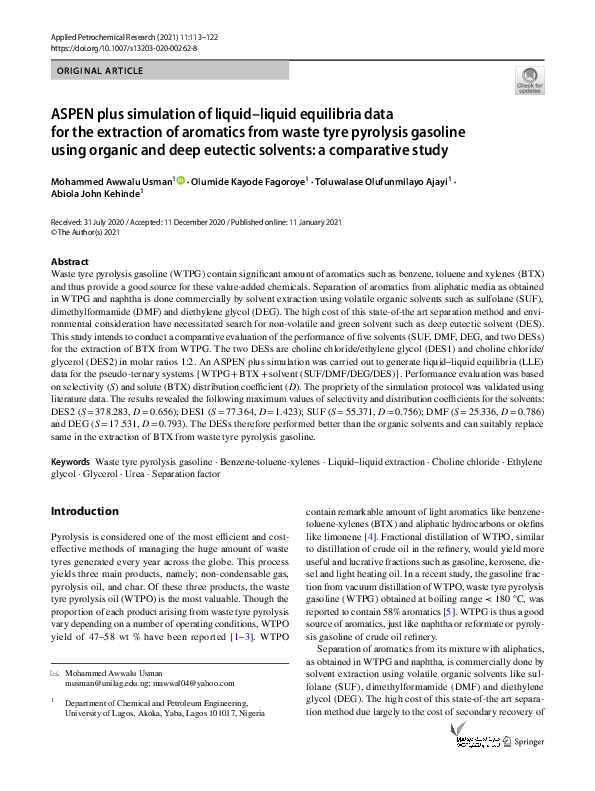 (PDF) ASPEN plus simulation of liquid–liquid equilibria data for the extraction of aromatics ...
