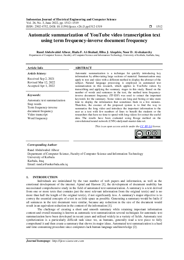 (PDF) Automatic summarization of YouTube video transcription text using term frequency-inverse ...