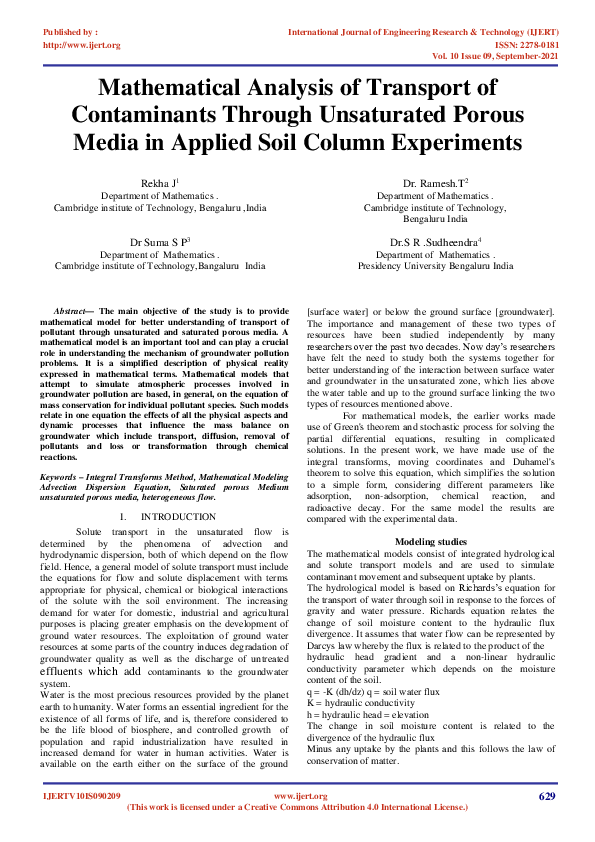 (PDF) Mathematical Analysis of Transport of Contaminants Through Unsaturated Porous Media in ...