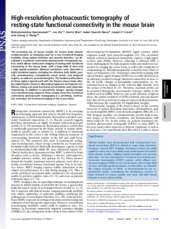 Pdf High Resolution Photoacoustic Tomography Of Resting State