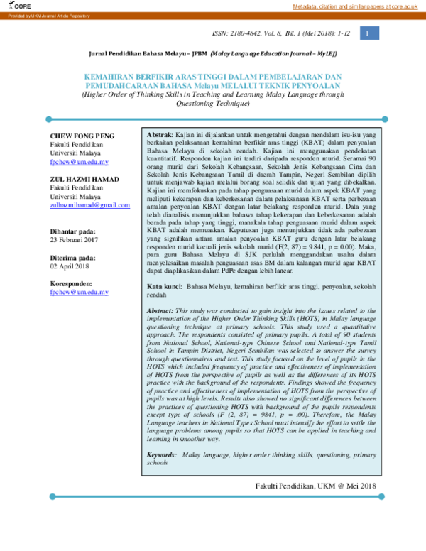 (PDF) Kemahiran berfikir aras tinggi dalam pembelajaran ...