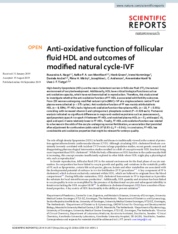 (PDF) Anti-oxidative function of follicular fluid HDL and outcomes of ...