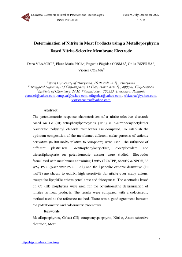 Pdf Determination Of Nitrite In Meat Products Using A Metalloporphyrin Based Nitrite Selective