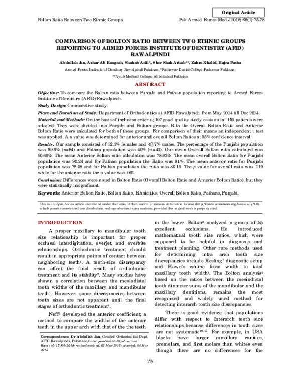 (PDF) Comparison of Bolton Ratio Between Two Ethnic Groups Reporting to ...