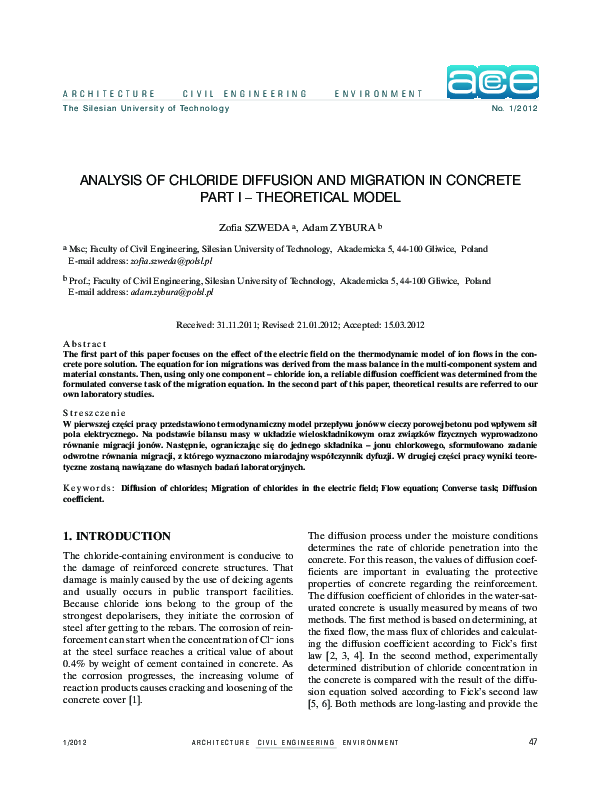 (PDF) Analysis of Chloride Diffusion and Migration in Concrete Part I - Theoretical Model