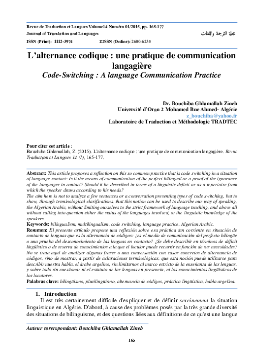 (PDF) L'alternance codique : une pratique de communication langagière ...