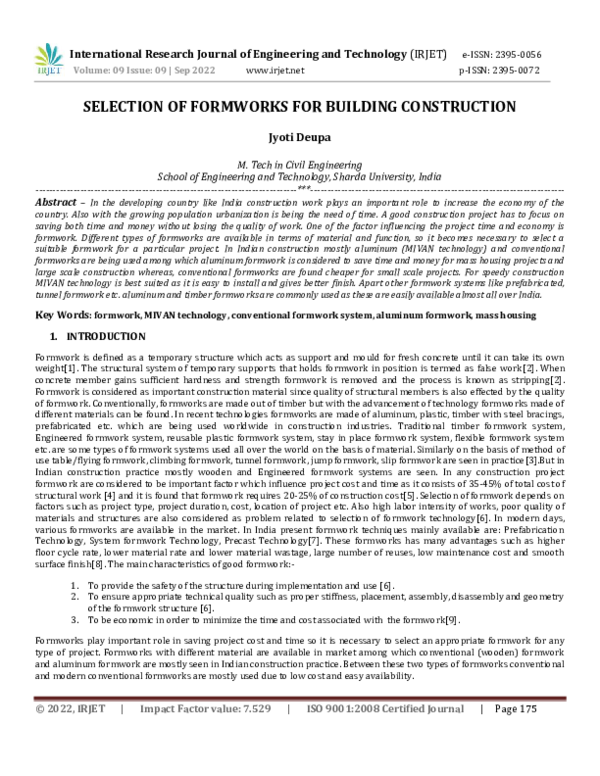 (PDF) SELECTION OF FORMWORKS FOR BUILDING CONSTRUCTION