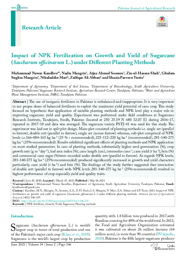Pdf Impact Of Npk Fertilization On Growth And Yield Of Sugarcane