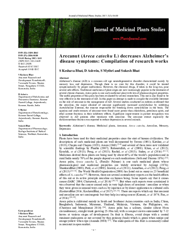(PDF) Arecanut (Areca catechu L) decreases Alzheimer’s disease symptoms: Compilation of research ...